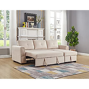 Legend Vansen 91" Wide Reversible Sofabed Sectional Sofas with Chaise，Velvet Storage L-Shape Twin Size for Living Room Couch Sleeper, Cream