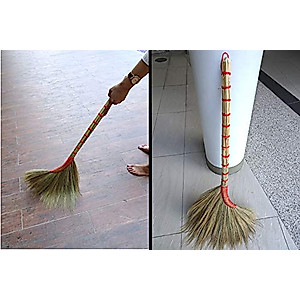 Generic Handmade Grass Thai Broom Extra Thick Bristle Brush Head Traditional Asian Whisk Sweeper Broomcorn Plus 100 Percent Cotton Dust Cover, 40 x 18 x 1.5 inch, Red