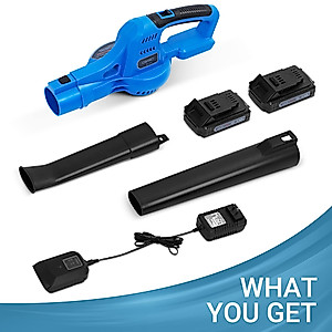WISETOOL 20V Leaf Blower Cordless, Battery Powered Leaf Blower with 2 Battery and Charger, Rechargeable Electric Handheld Leaf Blowers Variable Speed with 2 Tubes for Patio, Lawn, Leaves