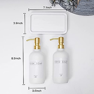 Janxin Glass Soap Dispenser for Kitchen with Stainless Steel Pump and Wood Tray, Modern Bathroom Soap Dispenser with Waterproof Labels for Hand Soap, Dish Soap, Lotion(White Bottles+Gold Pumps)