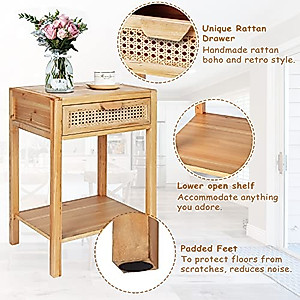 Polar Aurora Nightstand, End Table with Woven Pattern Drawer and Open Storage Shelf, Bedside Furniture, Side Table for Bedroom, Easy Assembly, Natural Walnut