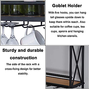 MYOYAY Industrial Wine Racks Wall Mounted 23.6in Industrial Pipe Shelf with 5 Stem Glass Holder 2 Tier Rustic Metal Hanging Wine Holder Wood Shelves Wall Shelf