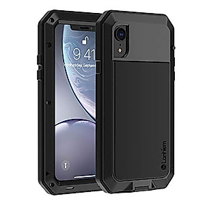 Lanhiem iPhone XR Metal Case, Heavy Duty Shockproof Case with Built-in Glass Screen Protector, Rugged Full Body Protective Cover for iPhone XR, Black