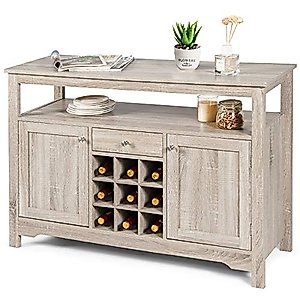 Giantex Buffet Server Sideboard, Console Table, Wood Dining Table, Cupboard Table with 2 Cabinets, 1 Drawer and 9 Wine Cabinets, Storage Organizer Kitchen and Dining Room (Gray)