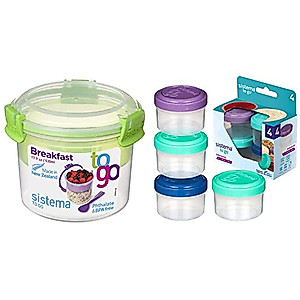 Sistema To Go Collection 1.18 Oz. Salad Dressing Containers, Pink/Green/Blue/Purple, 4 Pack & To Go Collection Breakfast Bowl Food Storage Container, 17.9 oz./0.5 L, Color Received May Vary