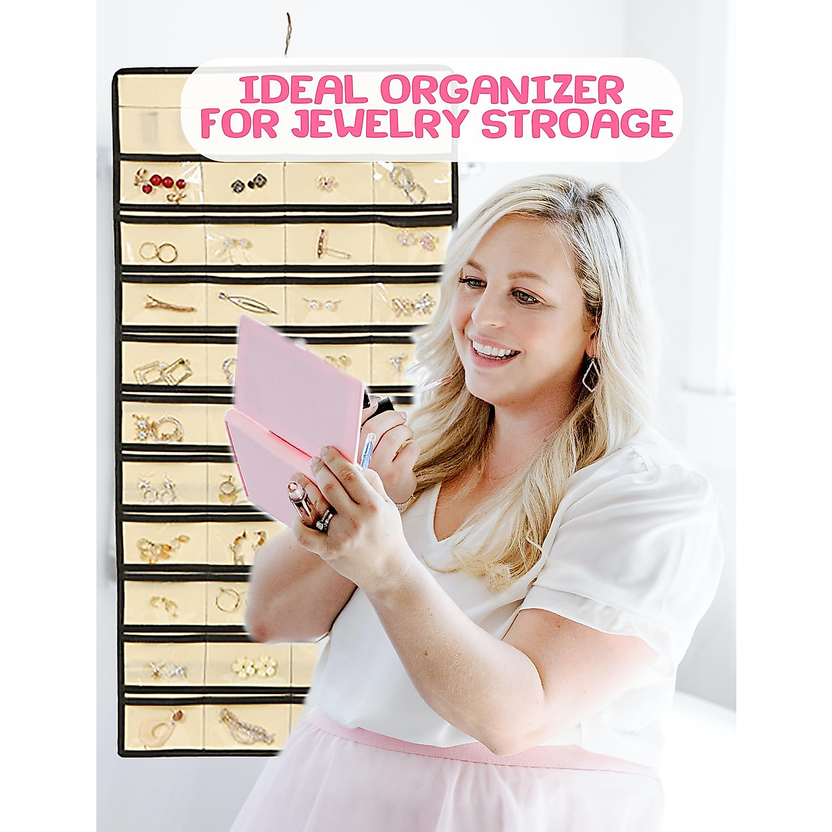 ONEPEACE Hanging Jewelry Organizer: Necklace & Earring Holder with Pockets for Closet, Wall or Door (Black)