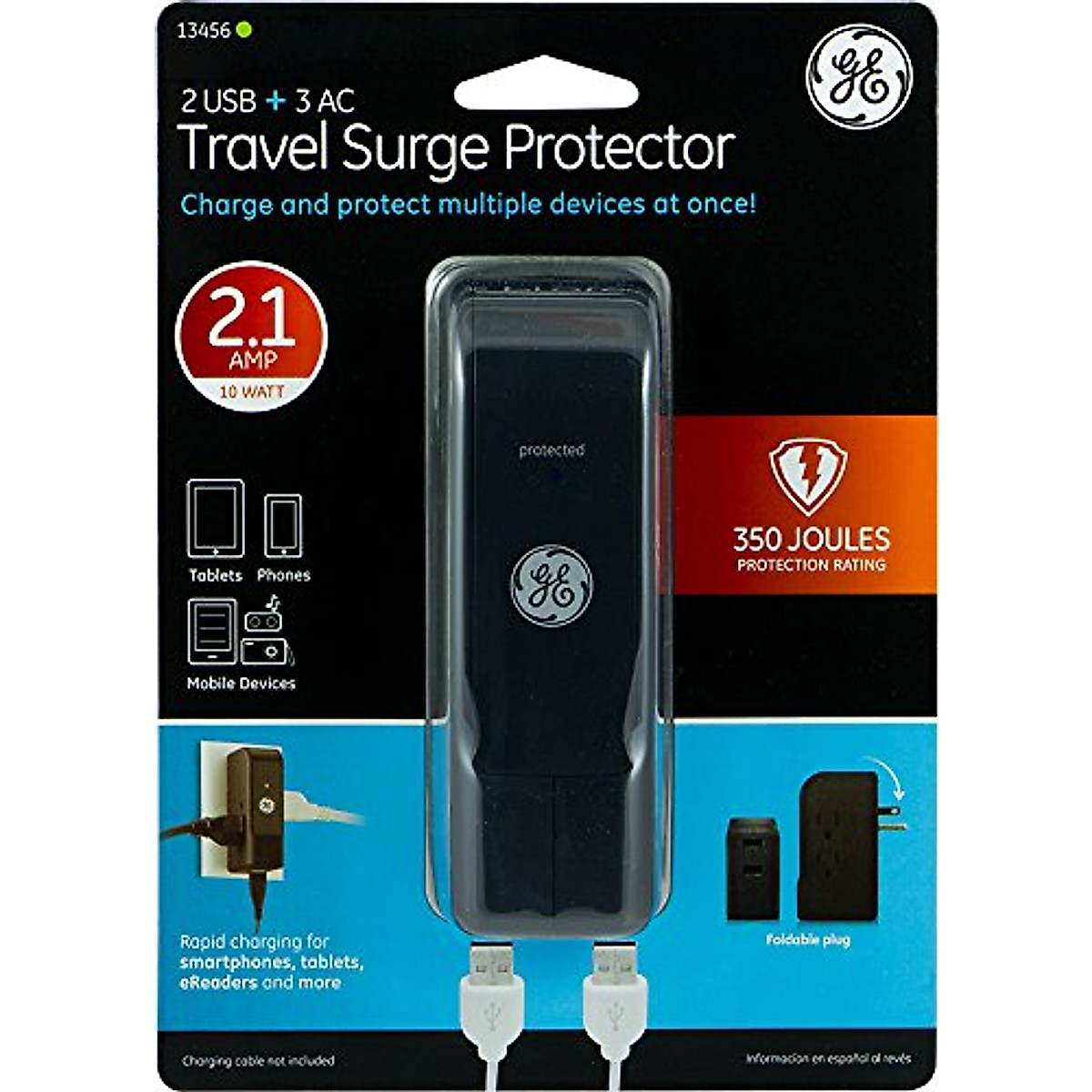 GE 13456 Travel Surge, 3 Outlet, 350J, 2 USB Ports (2.4A),  Foldable Prongs