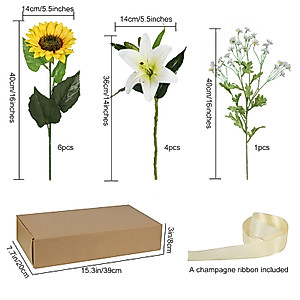 HUAESIN 11PCS Artificial Sunflower Bouquets Faux Flowers Bouquet with Realistic Lily Spring Silk Sunflowers Summer Floral Arrangements for Home Living Room Kitchen Table Centerpieces Party Decor