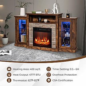 COSTWAY Electric Fireplace TV Stand for TVs Up to 65 Inches, 18-inch Fireplace Insert with APP Control, Remote Control, 16 Color Lights, Wooden Entertainment Center with Adjustable Shelves, Brown