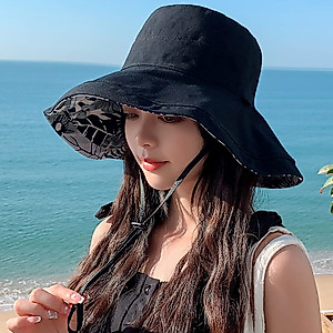 Reversible Floral Sun Hats UV Protection UPF Packable Wide Brim Chin Strap Women (Black)