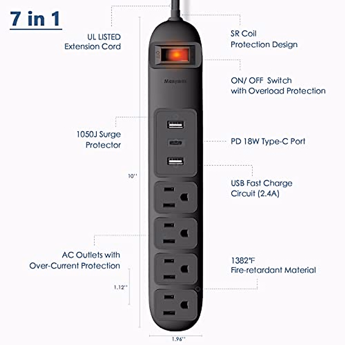 Power Strip with USB C, Manymax Mountable Flat Plug Extension Cord with 4 Widely Spaced Outlets, 3 USB Charging Ports (1 USB C), Wall Mount 6 Feet Extension Cord, for Home Office Hotel-Black (1 Pack)