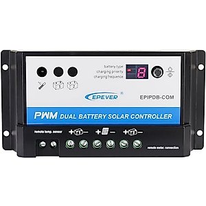 EVPEVER 20A Solar Charge Controller 12V/24V Auto Working Dual Battery Solar Panel Charge Controller PWM 20AMP Intelligent Solar Panel Batteries Regulator for Motorhome, Caravan, Boat
