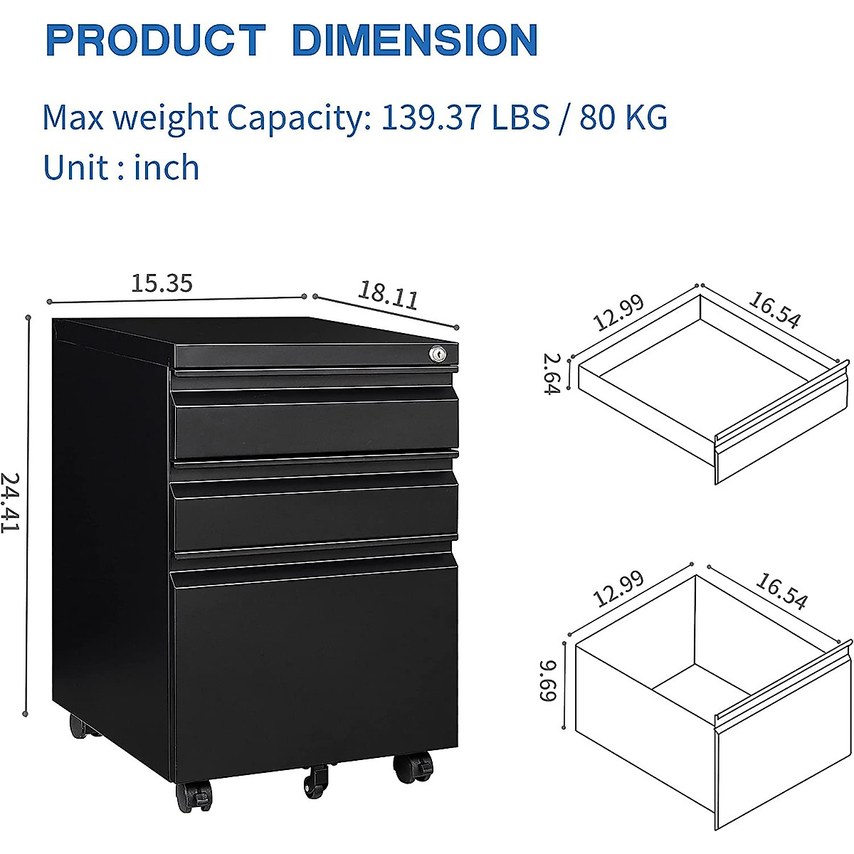 3 Drawer Locking File Cabinet, Under Desk Metal Filing Cabinet for Legal/Letter/A4 File, Fully Assembled Include Wheels, Home/Office Design (Black)