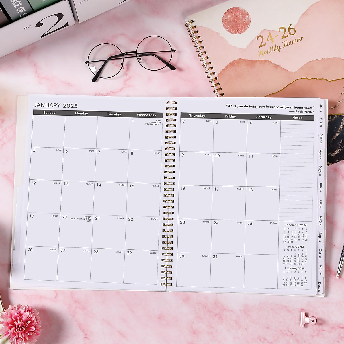 Monthly Planner/Calendar 2023-2025 - Jul. 2023-Jun. 2025, 2023-2025 Monthly Planner, 9" × 11", Two-Year Monthly Planner with Flexible Cover, Monthly Tabs, Pockets, Thick Paper - Pink
