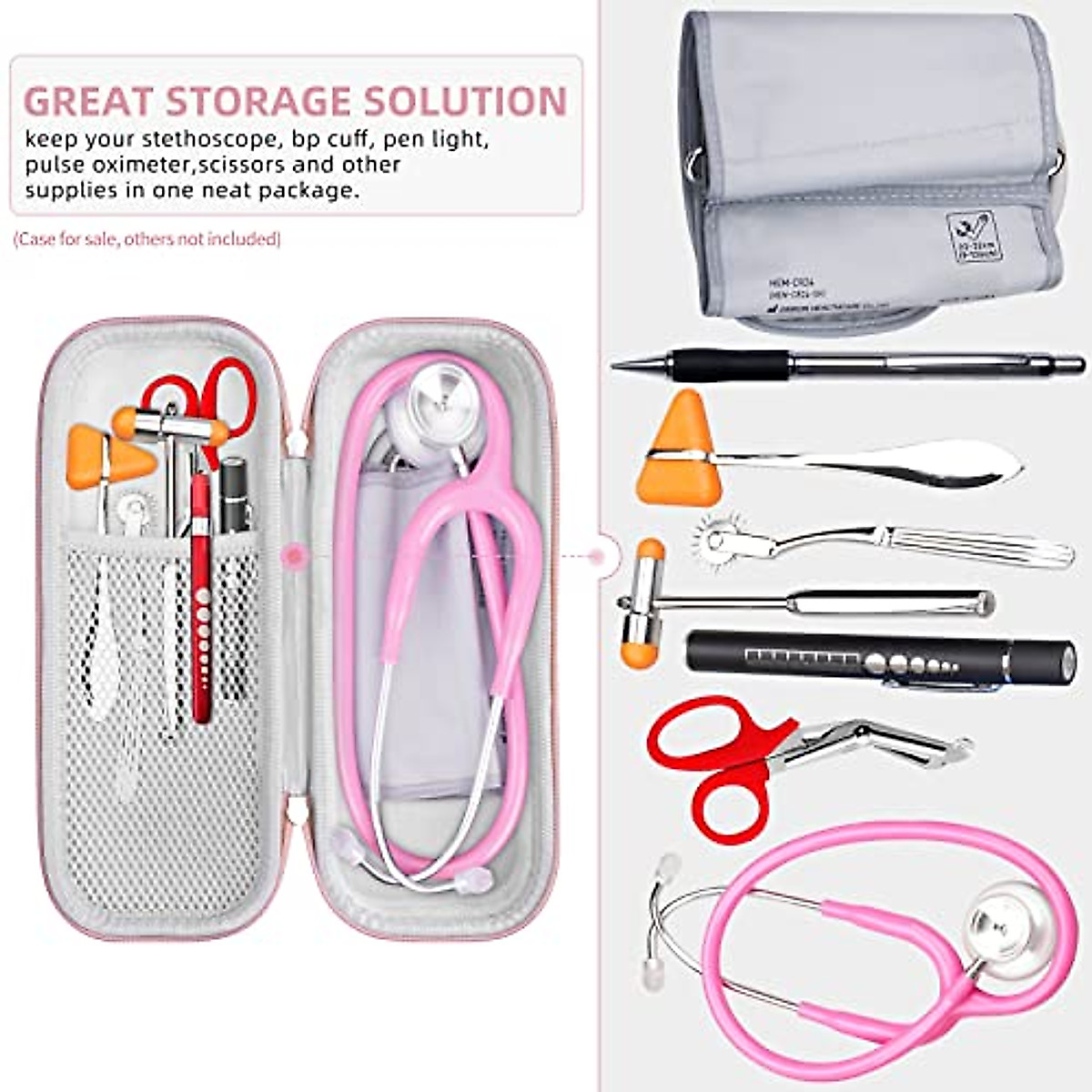 HESPLUS Stethoscope Case for 3M Littmann Classic III, Lightweight II S.E, Cardiology IV Diagnostic, MDF Acoustica Deluxe Stethoscopes, Extra Room for LED Penlight Scissors and Nurse Accessories, Pink