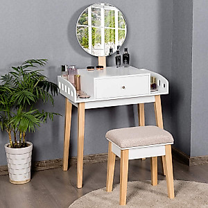GOFLAME Vanity Dressing Table Set with Cushioned Stool & Height-Adjustable Large Mirror, Makeup Dressing Table Desk with Large Drawer for Home Office Bedroom Contemporary Vanity Table Desk, White
