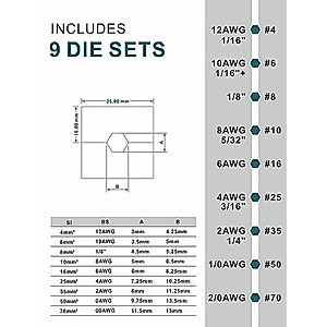 Hand Operated Hydraulic Crimping Tool Range 12 AWG-2/0 AWG for Cable Lugs Hydraulic Crimping Crimper Wire Terminal Lug Tool with 9 Pairs of Dies