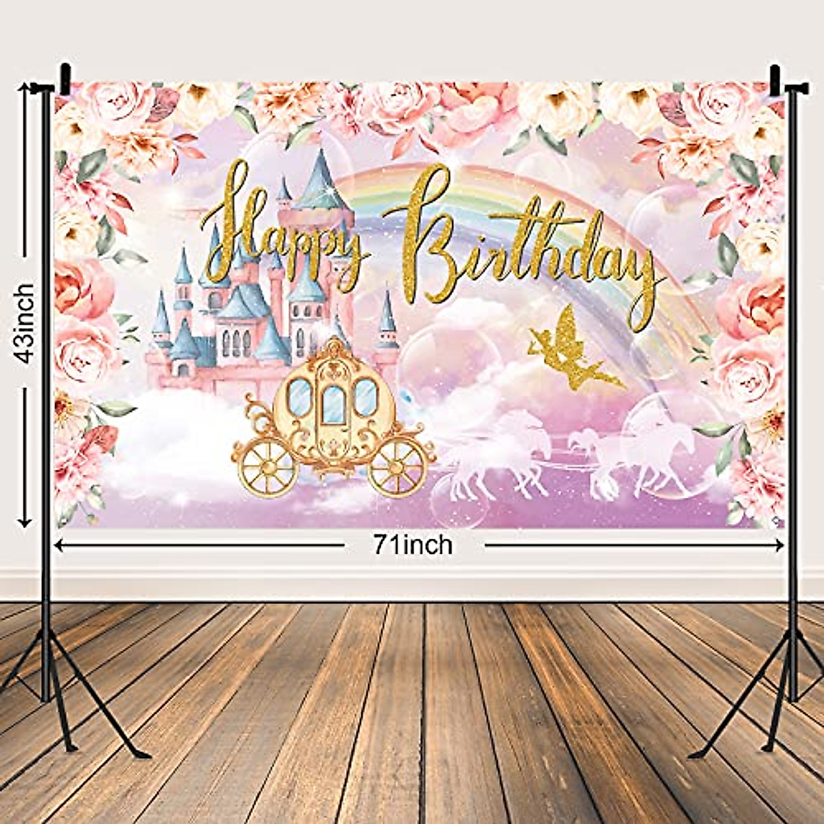 Princess Birthday Party Decorations Supplies Princess Theme Backdrop Background Banner for Girl Birthday Party Favor Gold and Pink Royal Castle Carriage Crown Floral Photography Booth Cake Table Decor