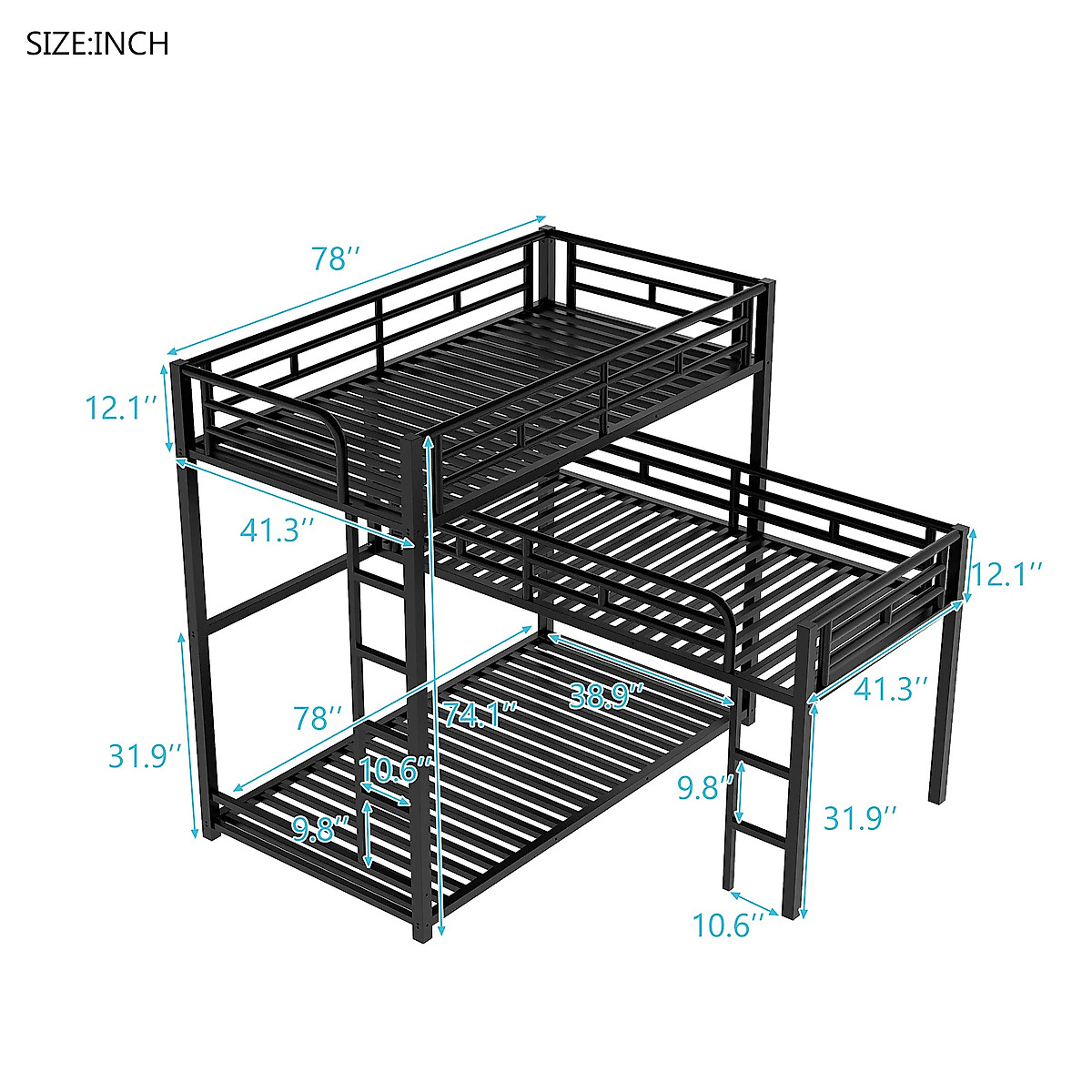 VOGU Metal Twin Over Bunk Bed, L-Shaped Triple Bunk Bed Attached Twin Loft Bed, Triple Bunk Bed Frame with LadderFull-Length Guardrails, Maximum Load 400 lbs for Kids Teens Adults, Black(Triple Bed)