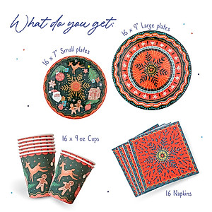 Christmas Paper Plates and Napkins Serves 16 Guests - Merry Christmas Tableware Sets With Santa Claus, Tree Snowflake | Disposable Paper Large Dinner Plates, Small Dessert Plates, Cups and Napkins