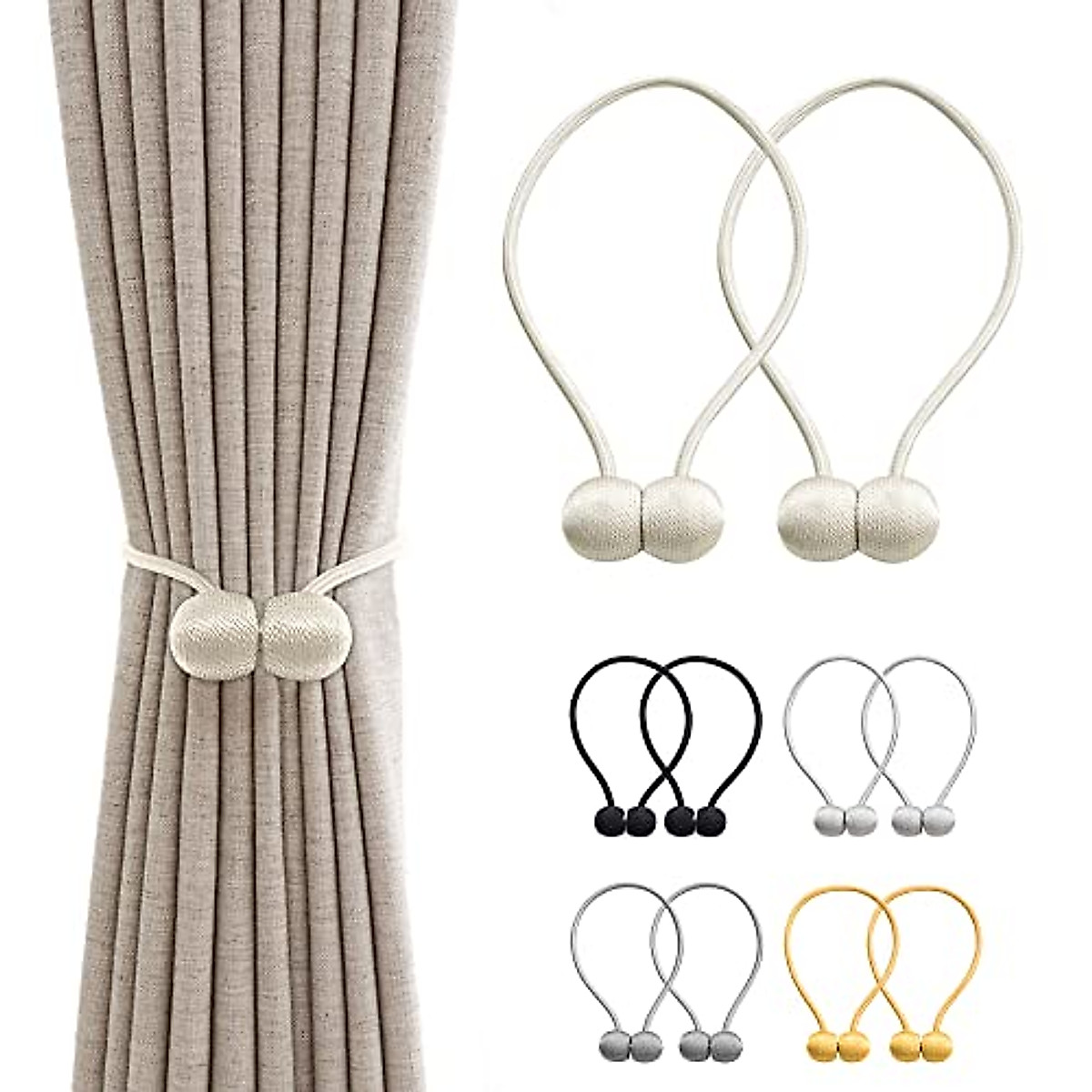 2pcs Magnetic Curtain tiebacks, Modern Style Curtain Ties Drapery Backs Holder Window Hold Curtains Drape Ties Backs for Home Bedroom Office Decorative Curtain (White)