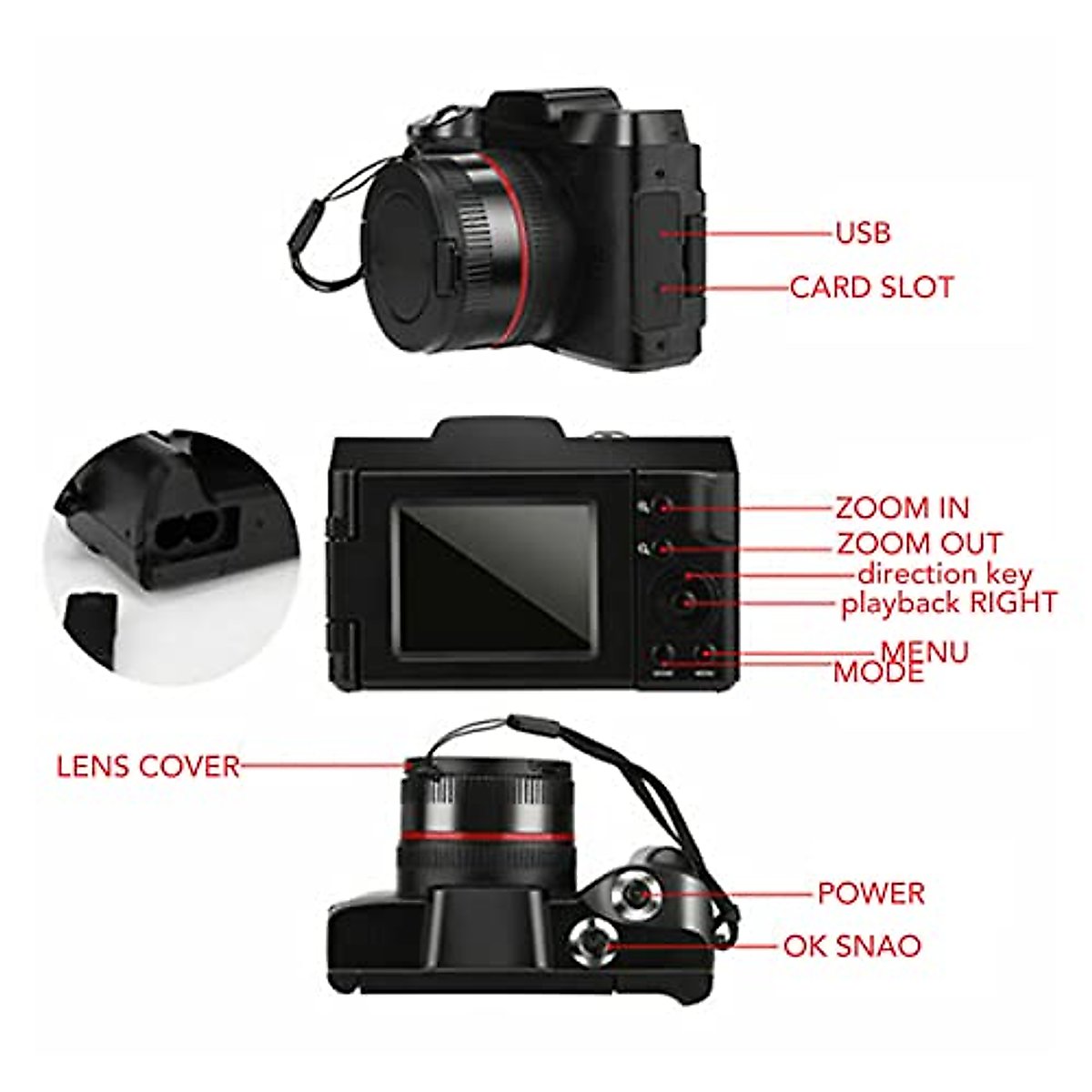 Digital Camera Vlogging Camera Video Camera, 1080P 16MP 16X Zoom Rechargeable Compact Camera with Loop Recording, 2.4 Inches LCD Screen, for Beginners Learners Kids