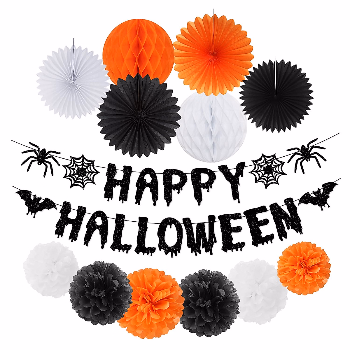 Orange Black Happy-Halloween Party Decorations - 13PCS Spider Web Bats Streamers Banner ,Paper Flowers Lanterns Tissue Pom Poms Fans, Classroom Birthday Bachelorette Hanging Supplies Decor Hugfond