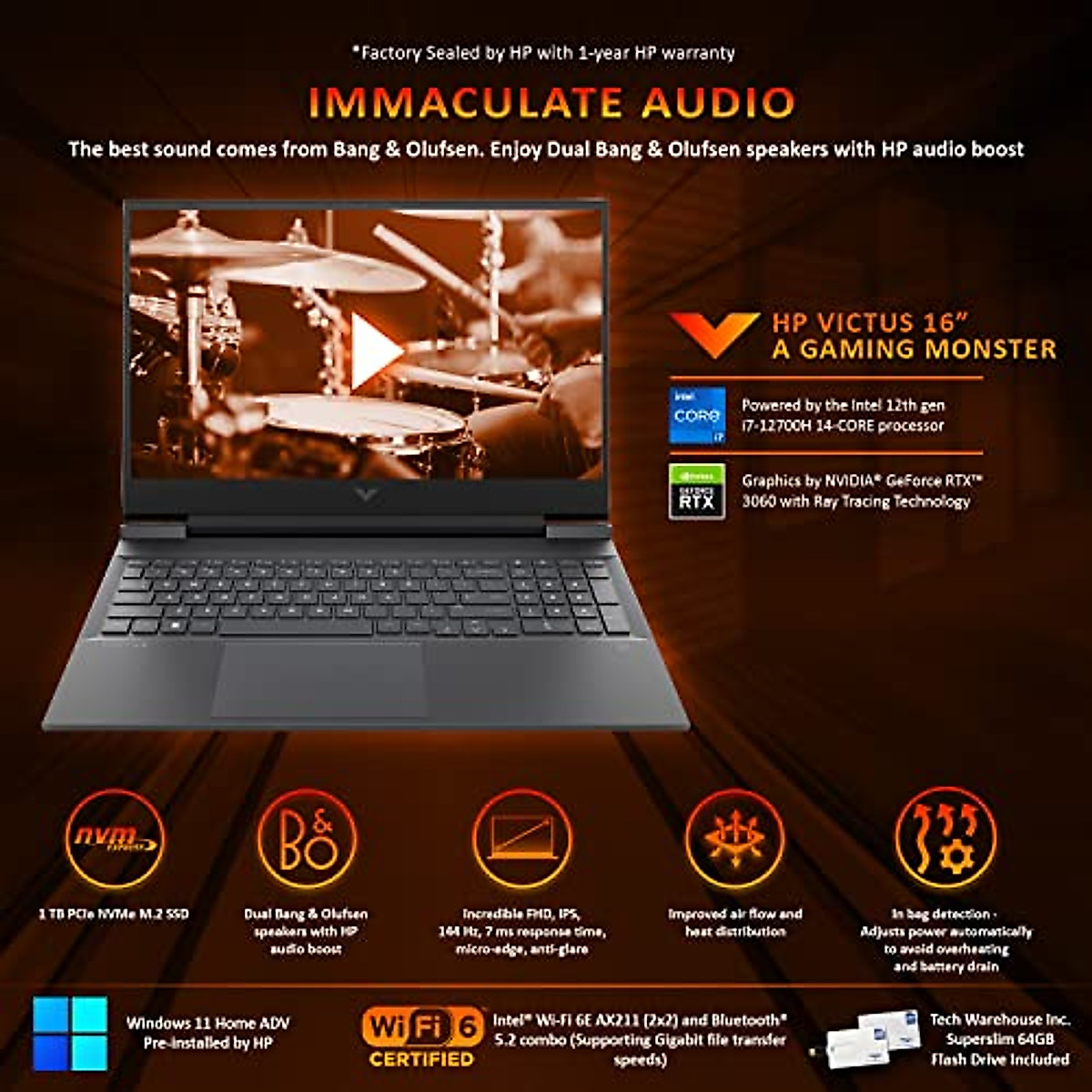 HP Victus 16 Gaming Laptop Mica Silver Intel Core i7-12700H, 16.1” FHD, 16 GB RAM, 1 TB SSD, 6GB Nvidia GeForce RTX 3060, Win 11 Home Adv, WiFi 6, 4Cell, B&OAudio, 64GB Tech Warehouse Flashdrive