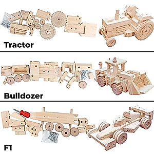 Kraftic Woodworking Building Kit for Kids, with 3 Educational DIY Carpentry Construction Wood Model Kit Toy Projects for Boys and Girls- Tractor, Bulldozer and Racing Car