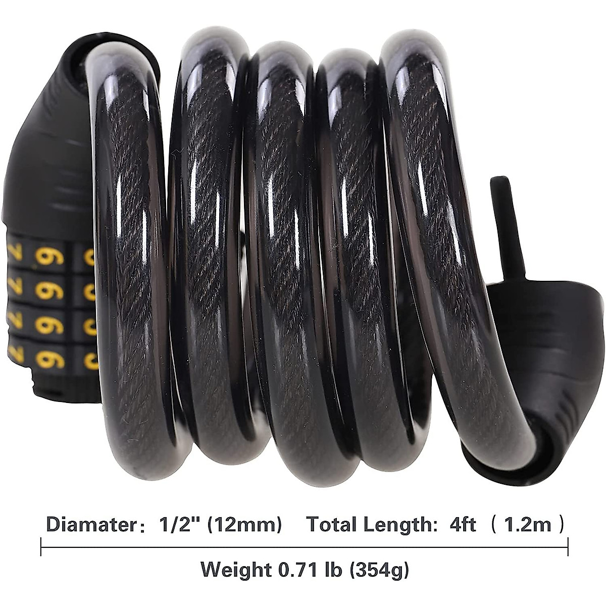 Roming 4 Digit Coiled Security Cable Lock, 50 Inches Long, Black