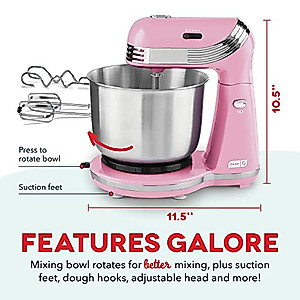 Dash Stand Mixer (Electric Mixer for Everyday Use): 6 Speed Stand Mixer with 3 Quart Stainless Steel Mixing Bowl, Dough Hooks & Mixer Beaters for Dressings, Frosting, Meringues & More - Pink