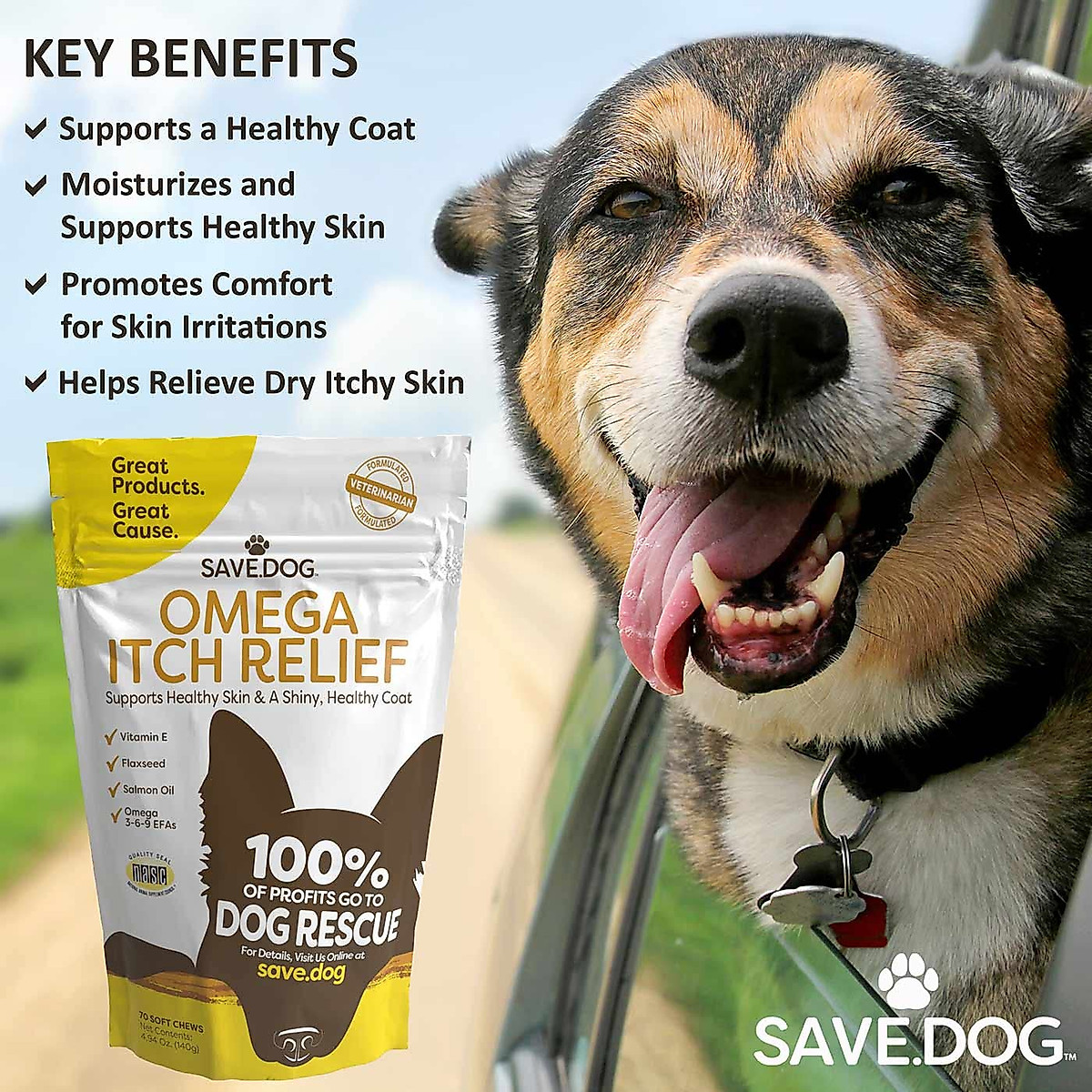 SAVE.DOG Omega Itch Relief for Dogs – Healthy Skin and Coat Supplement for Dogs with Vitamin E, Flax Oil and Salmon Oil for Dog Itch Relief - Dog Supplement with a Cause (70 Chews)