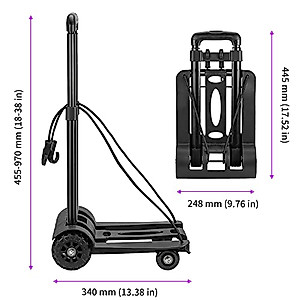 Folding Hand Truck, JEUIHAU 88 Lbs Capacity 4 Wheels Heavy Duty Roll Luggage Cart with Bungee Cord and Bag, Portable Luggage Cart for Travel, Shopping Moving, Luggage, Office