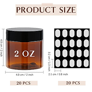20 Pack 2 oz Amber Plastic Jars with Lids and Labels, Empty Salve Containers Refillable Cosmetic Jars for Creams, Lotion, Body Scrubs