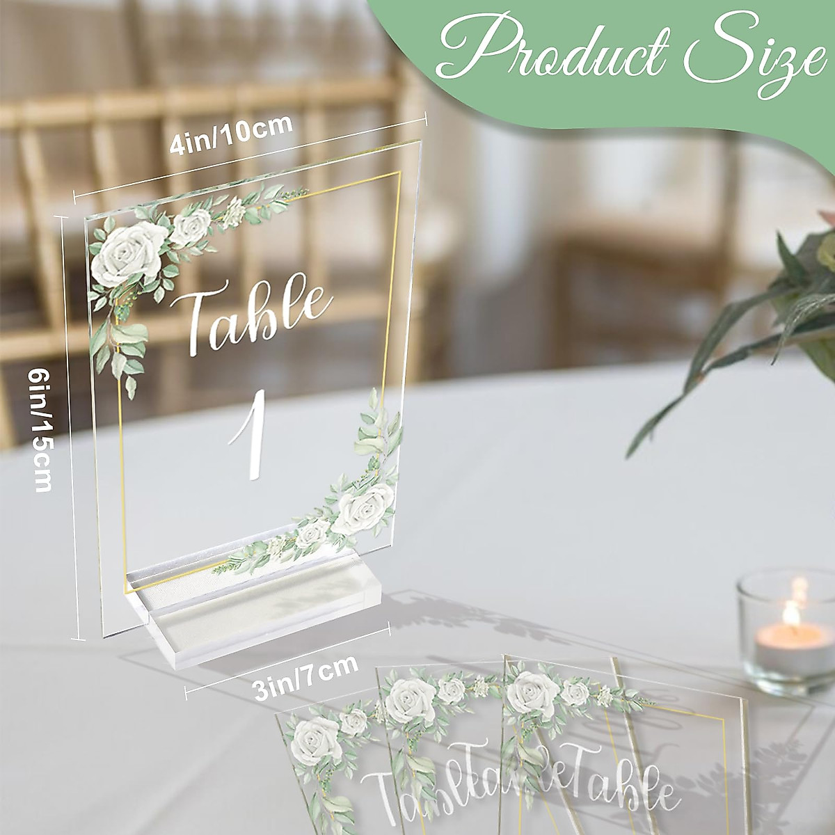 OurWarm White Rose Acrylic Wedding Table Numbers 1-20, 4x6 Inch Printed Calligraphy Table Number with Stands, Clear Table Number Signs and Holders, Perfect for Wedding Reception Anniversary Event