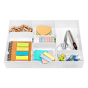 CAXXA 3 Slot Drawer Organizer with Two Adjustable Dividers - Drawer Storage 5 Compartments Junk Drawer Organizer for Office Desk Supplies and Accessories, White