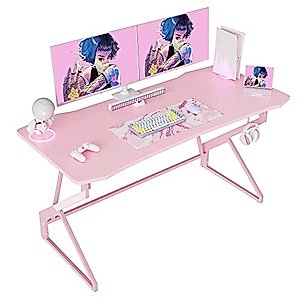 CubiCubi Simple Gaming Desk Z Shaped 40 inch Gamer Workstation, Home Computer Carbon Fiber Surface Gaming Desk PC Table with Headphone Hook, Pink
