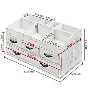 MyGift 7-Compartment Shabby Whitewashed Solid Wood Jewelry/Cosmetics Vanity Organizer Rack with 4 Vintage Storage Drawers
