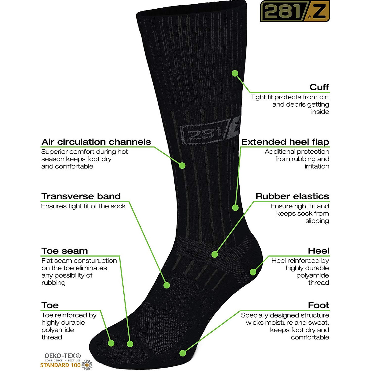 281Z Military Boot Socks - Tactical Trekking Hiking - Outdoor Athletic Sport (Black)(Medium 4 Pairs Pack)