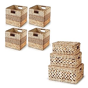 Chi An Home Set of 4 Wicker Cube Baskets + Pack 3 Lidded Hyacinth Basket