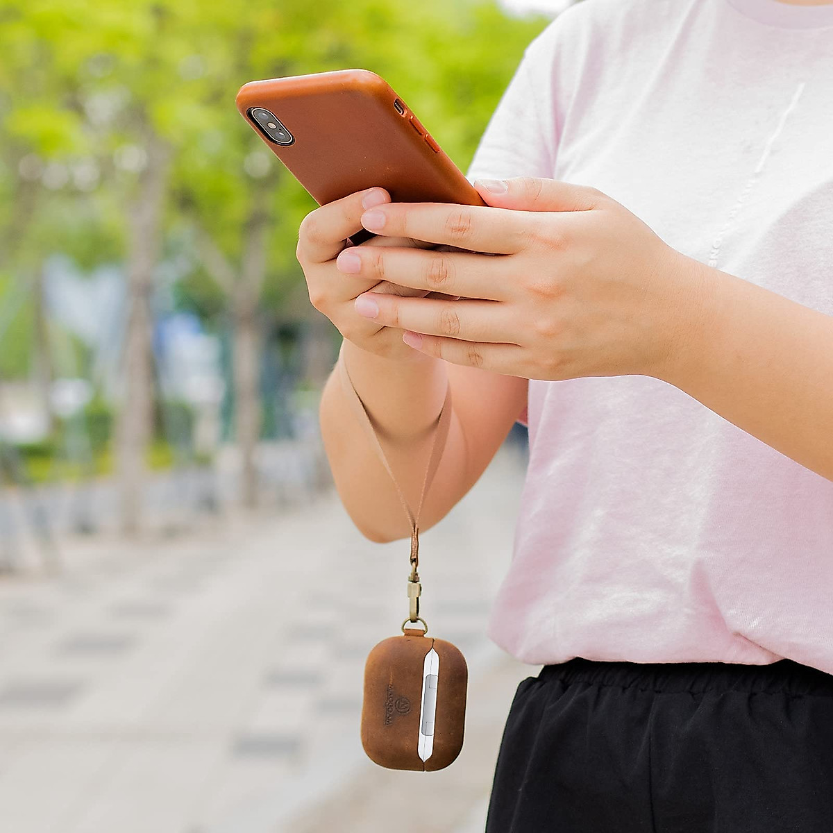 MAOGOAM for AirPods Pro Leather Case Cover with Hand Strap, Genuine Oil Wax Crazy Horse Cowhide Leather Case Cover for Airpods Pro, Handcrafted Fully-Wrapped, The Front LED Visible, Dark Brown