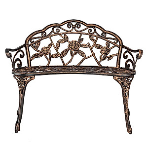 CIYOUNG Outdoor Loveseat Bench, Anti-Rust Aluminum Metal Seating Furniture for Garden Patio Porch Park Deck Lawn w/Floral Rose - Bronze