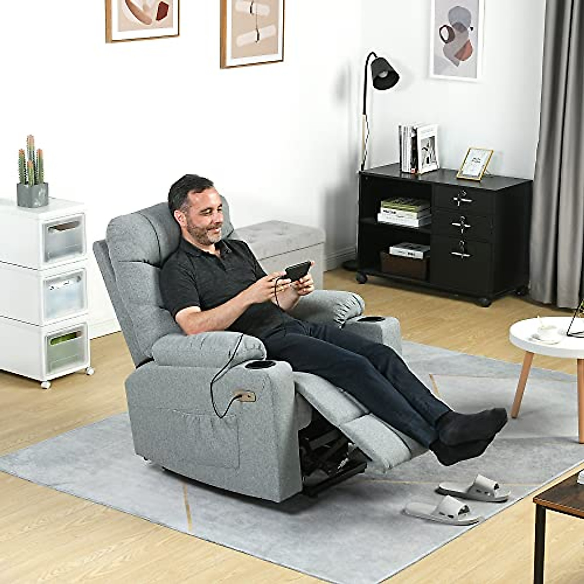 YITAHOME Electric Power Lift Recliner Chair for Elderly, Fabric Recliner Chair with Massage and Heat, Spacious Seat, USB Ports, Cup Holders, Side Pockets, Remote Control (Grey)