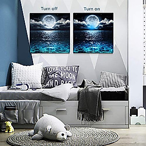 Moon Decor Led Wall Art - Seascape Picture Ocean Bathroom Decorations office Kids Room Dorm Modern Abstract Prints Poster Moonlight lighted Painting Space Canvas Giclee Artwork 11.6x11.6inch Framed