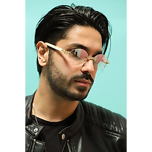 FLAWLESS EYEWEAR Retro Wood Buffs Vintage Style Gangster Rimless Clear Lens Oval Eye Glasses (Diamond Gold Cream, 55)