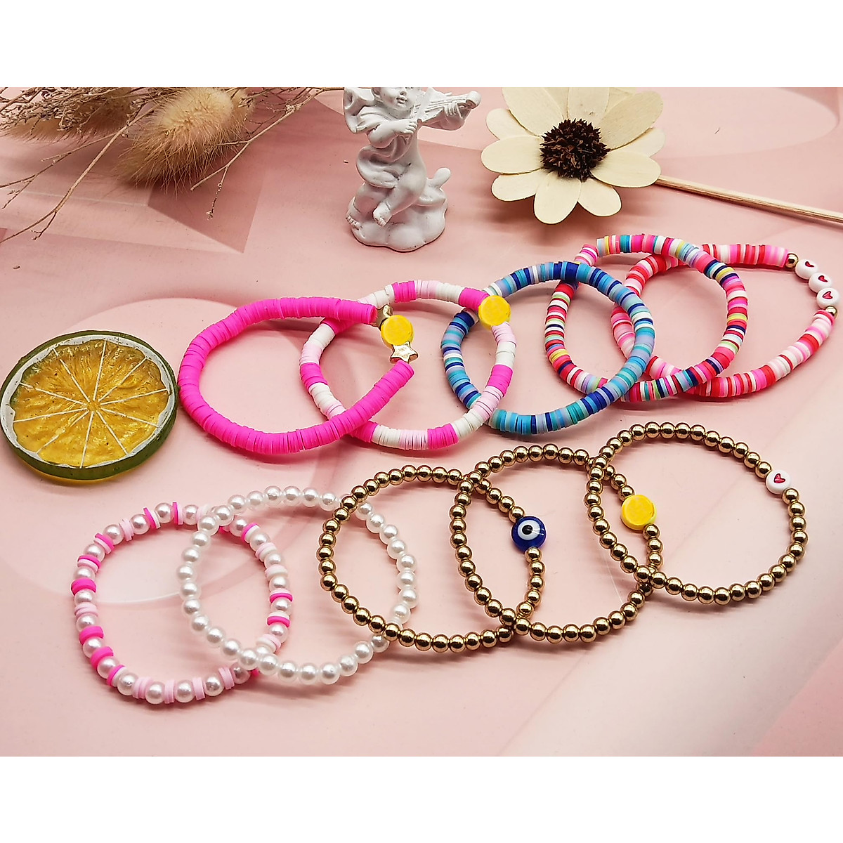 SONNYX Preppy Heishi Bracelets for Women Trendy Stuff Y2K Jewelry Clay Bracelets Cute Earrings Y2K Necklaces Beach Surfer Bohemian Bracelets Jewelry Set