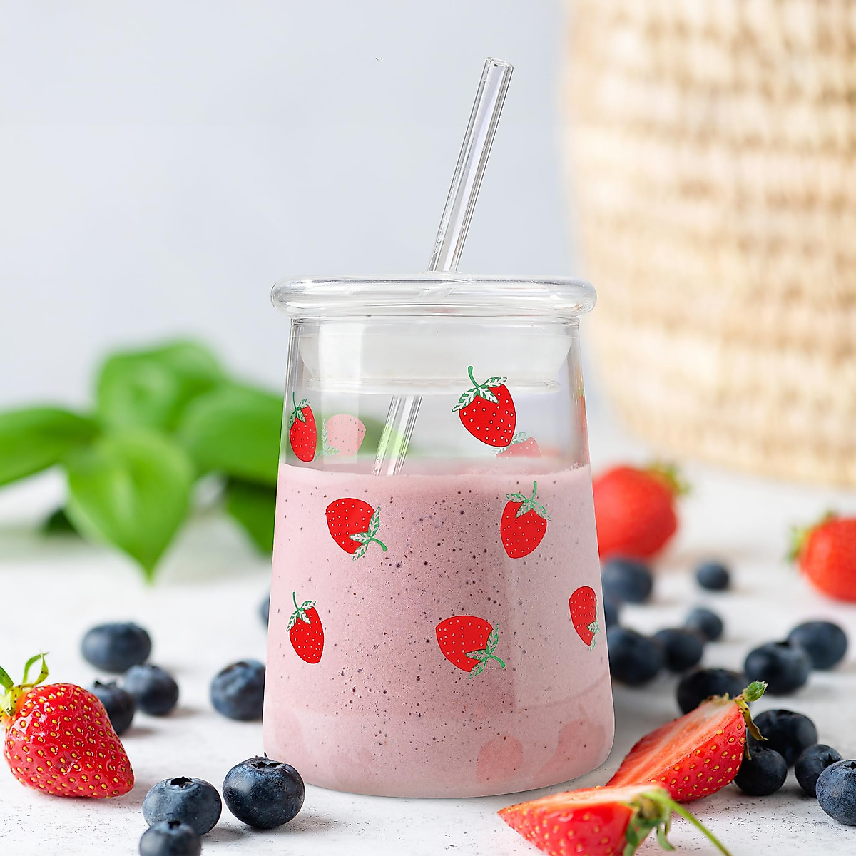 Joeyan Glass Tumbler with Lid and Straw,Iced Coffee Cups with Red Strawberries Pattern,Clear Cute Drinking Jars,Water Juice Beverages Soda Glasses,20 oz