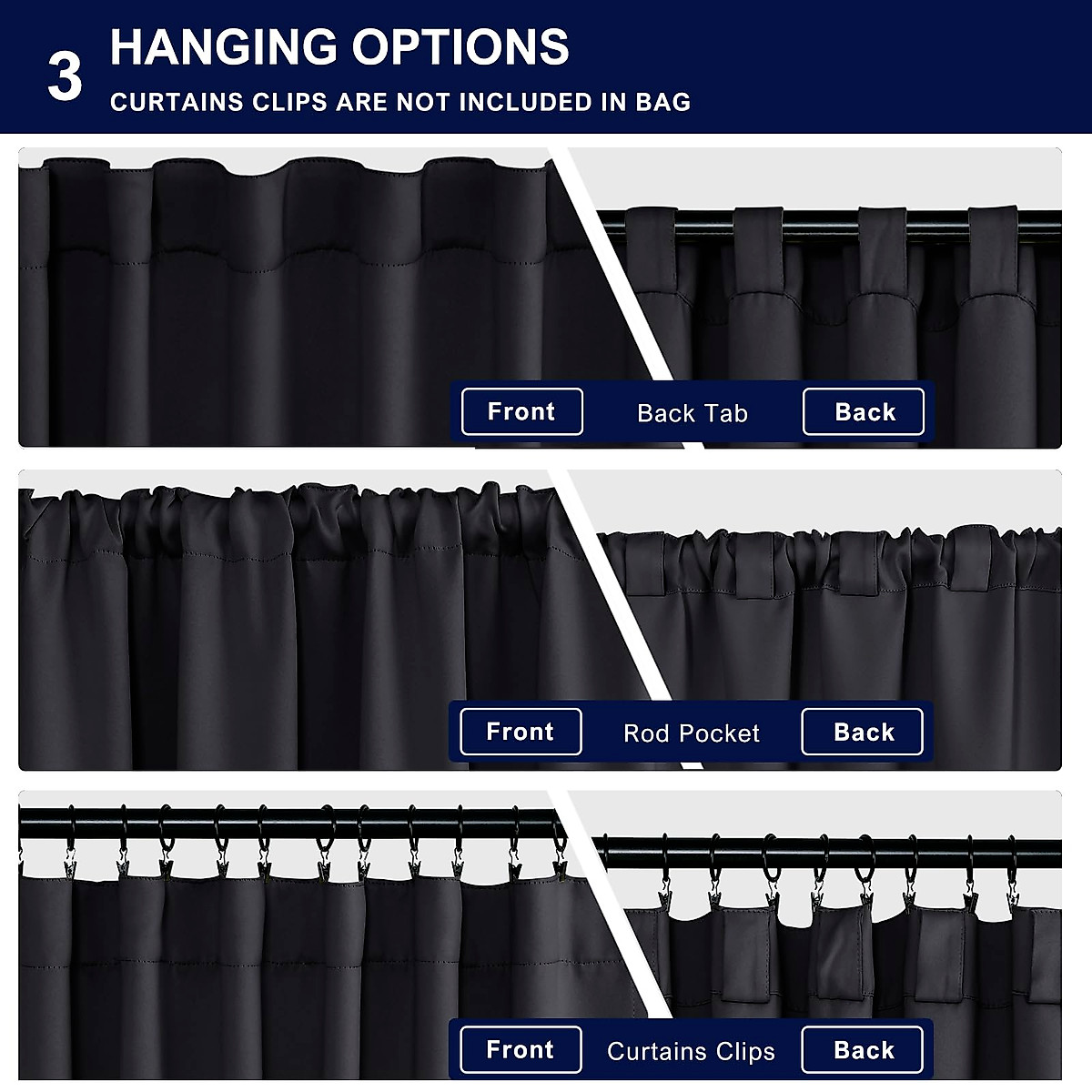 Hiasan Back Tab and Rod Pocket Blackout Curtains Sewn with Tiebacks - Thermal Insulated Room Darkening Curtains for Bedroom 42x63 Inch, Black, 2 Panels