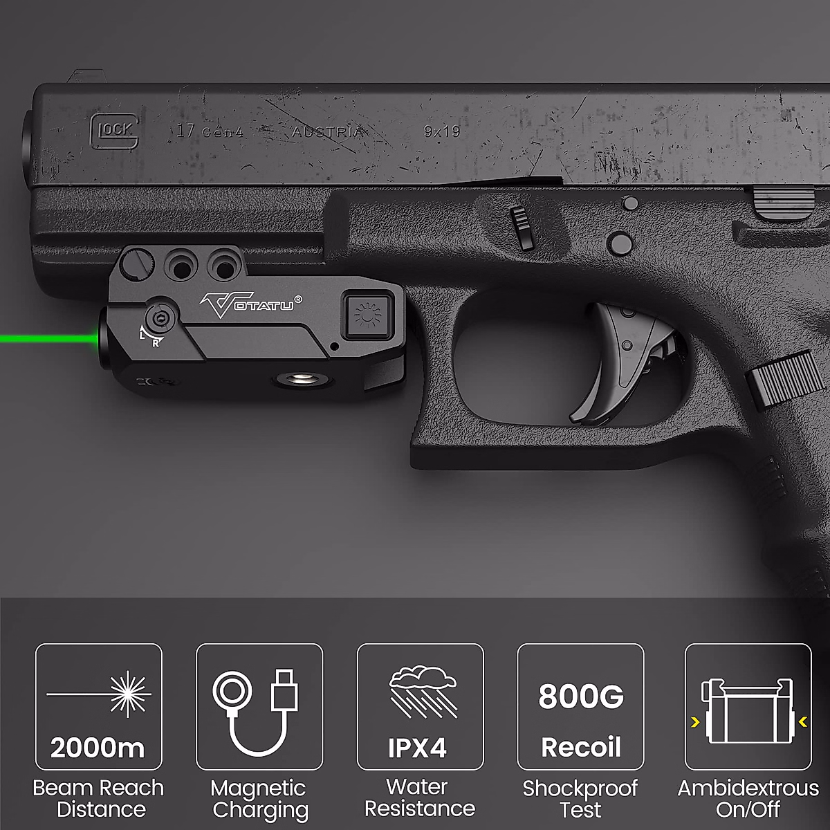 Votatu H3L-G Green Laser Sight, Aluminum Ultra Low Profile Picatinny Mount Green Dot Sight, Strobe Mode Available, Magnetic USB Rechargeable and Ambidextrous Control