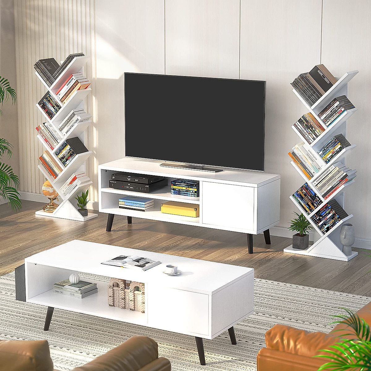 Topfurny Tree Bookshelf, 9-Tier Shelf Rustic Brown Bookcase, Retro Wood Storage Rack for CDs/Movies/Books, Anti-Fall Utility Organizer Shelves for Living Room, Bedroom, Home Office, White Oak